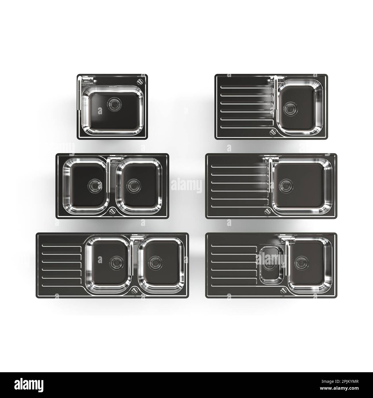 A 3d rendering of contemporary stainless steel kitchen sinks on a white ...