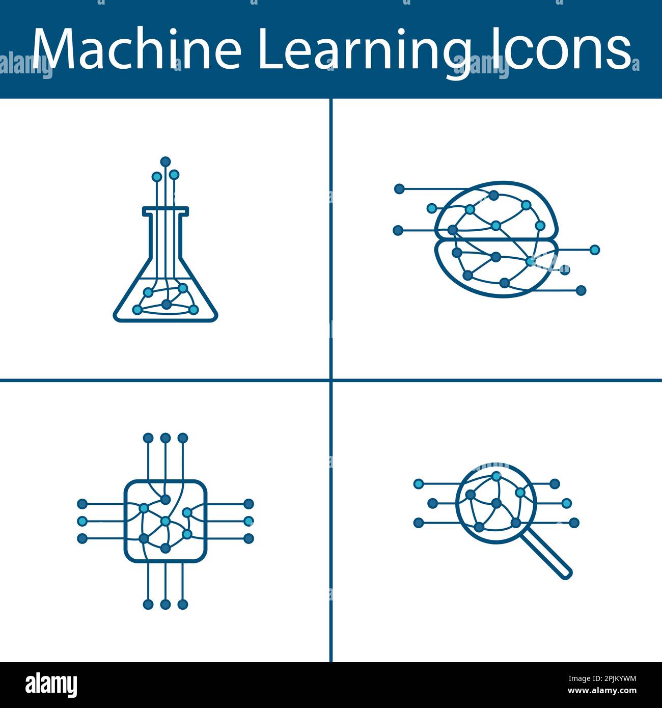 Set of 4 machine learning outline icons - brain, search, chip, flask ...