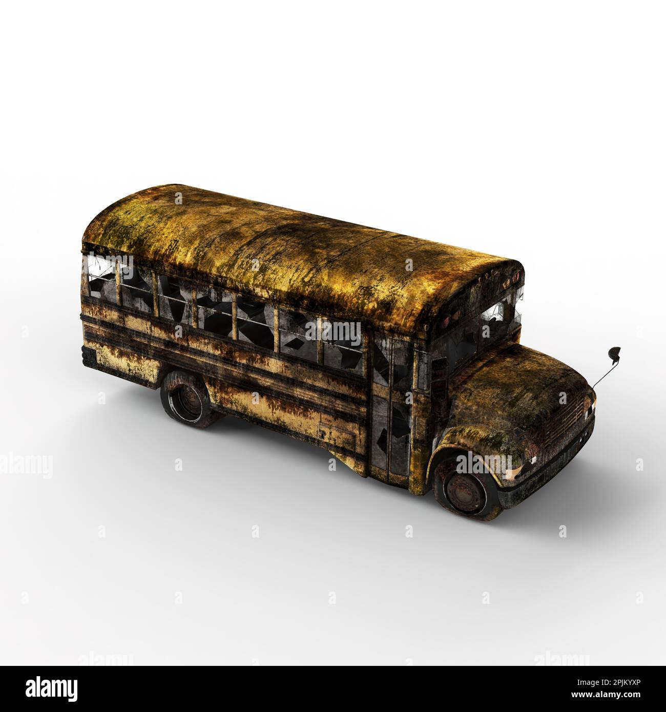 A 3D rendering of an old, rusty school bus against a white background ...