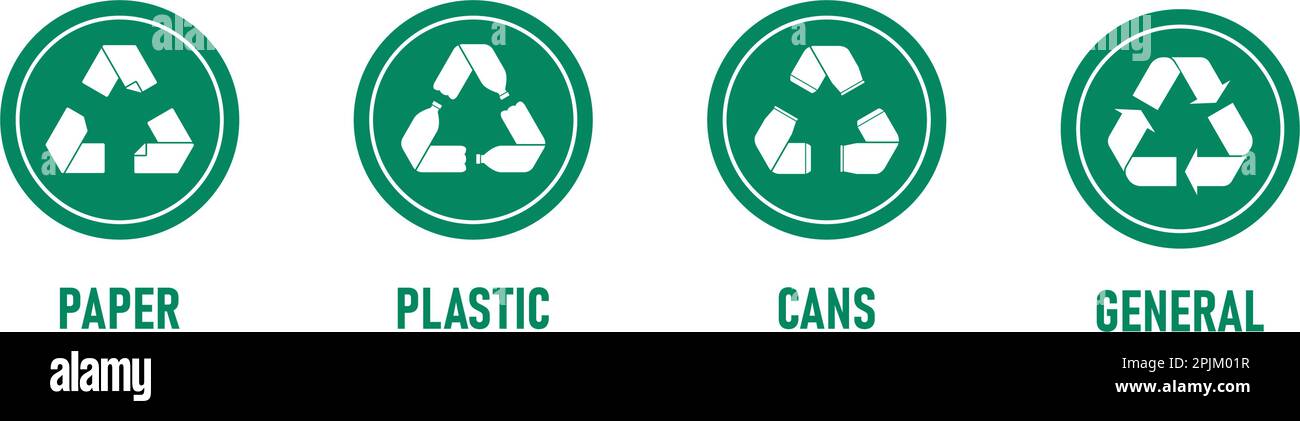 Recycling signs with waste products labels or stickers. Recycle paper ...