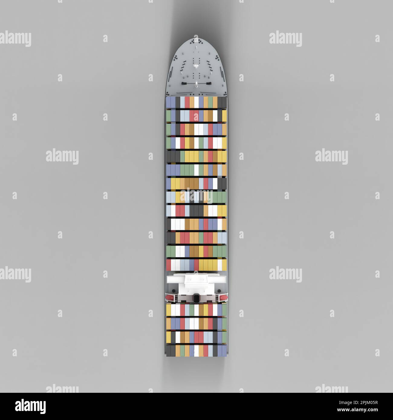 A 3D rendering of a top view of a cargo ship isolated on a grey ...