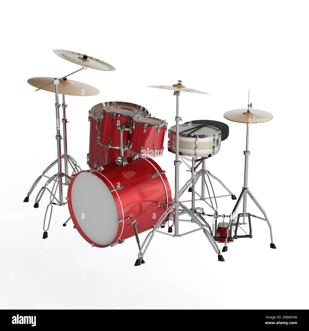 A 3D rendering of a vibrant red drum set isolated on a white background ...
