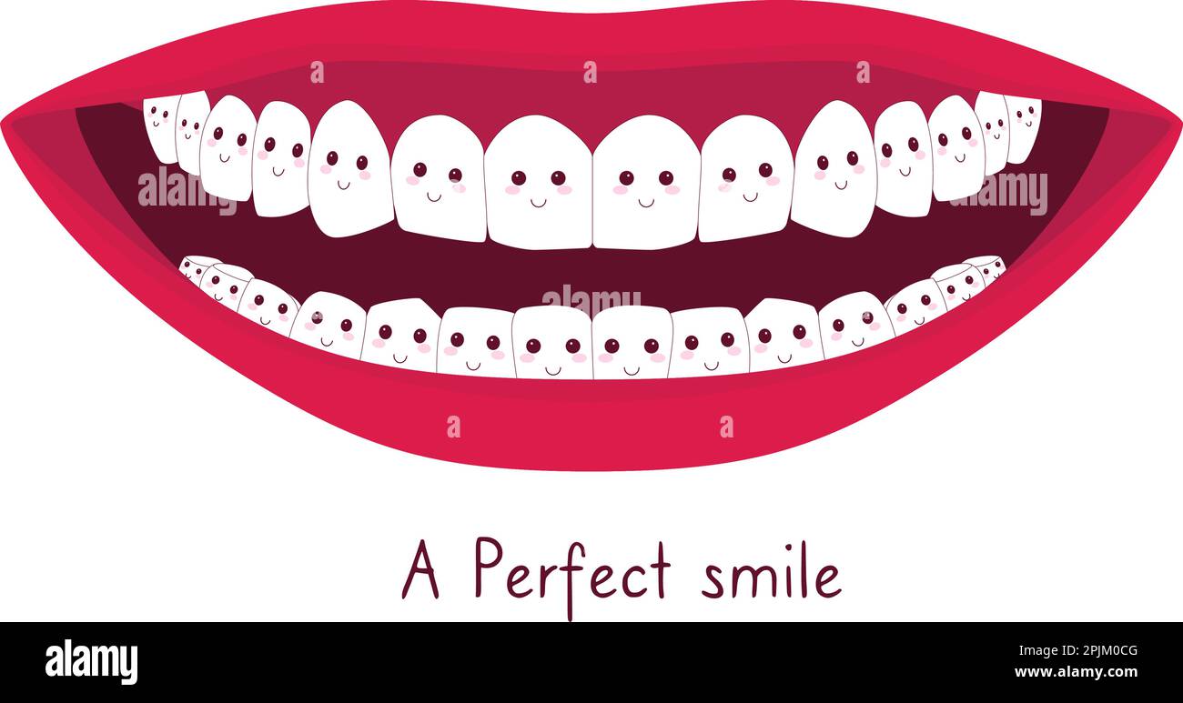 Wide shiny smile with white teeth as cartoon characters or emojis. A ...