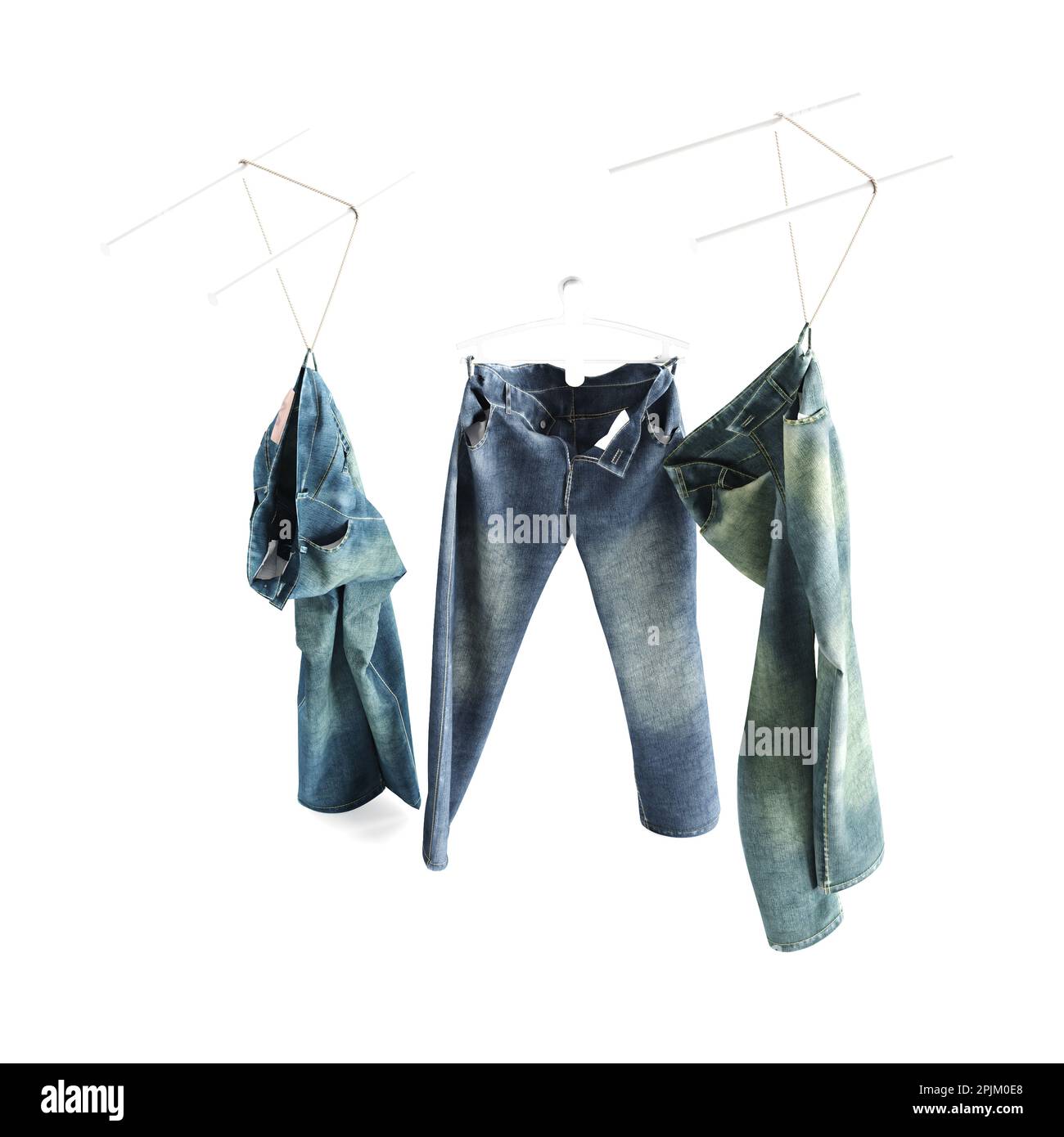 A 3D rendering of denim jeans, suspended from hooks isolated on a white ...