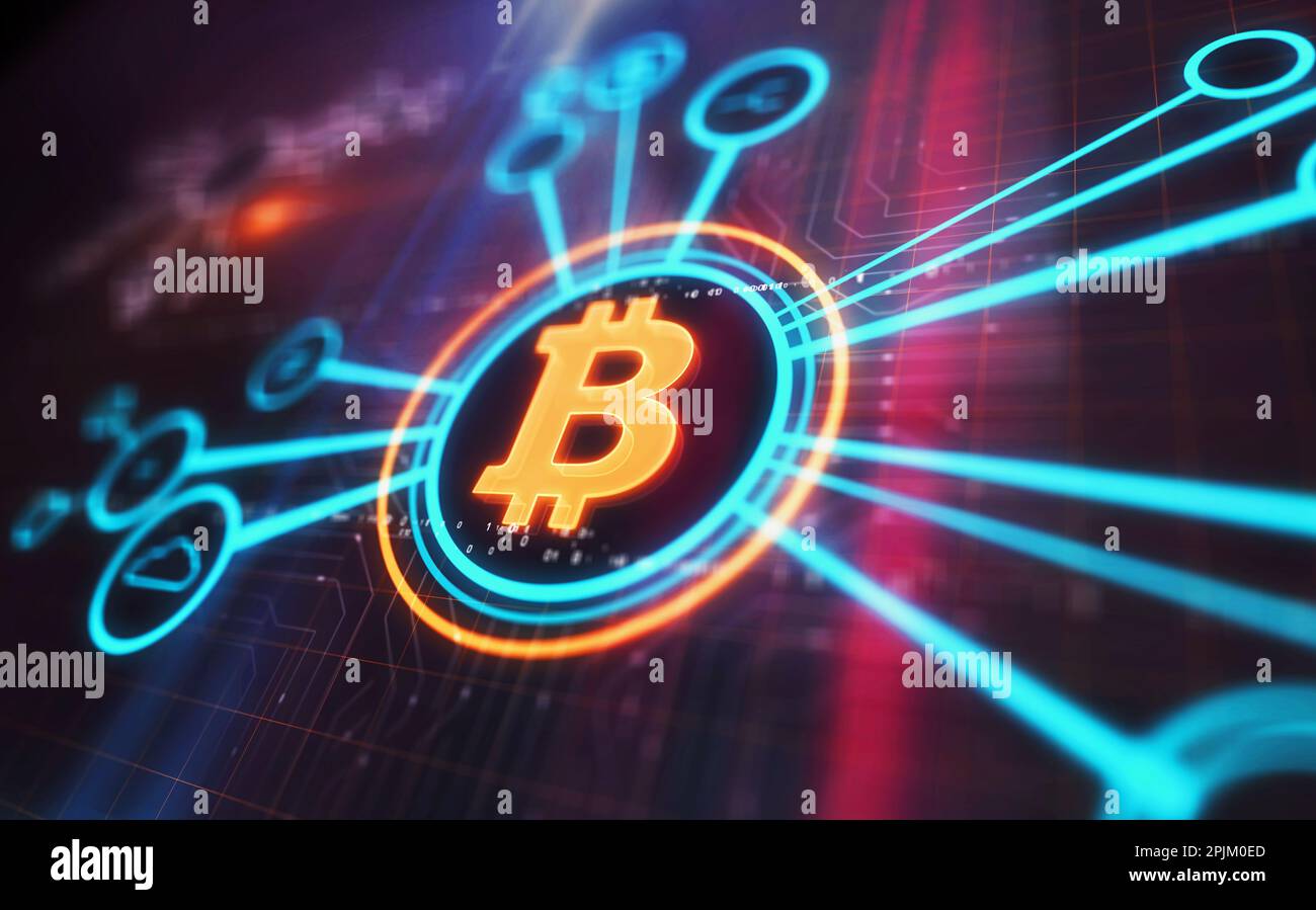 Bitcoin blockchain crypto currency and digital money symbol digital concept. Network, cyber ...