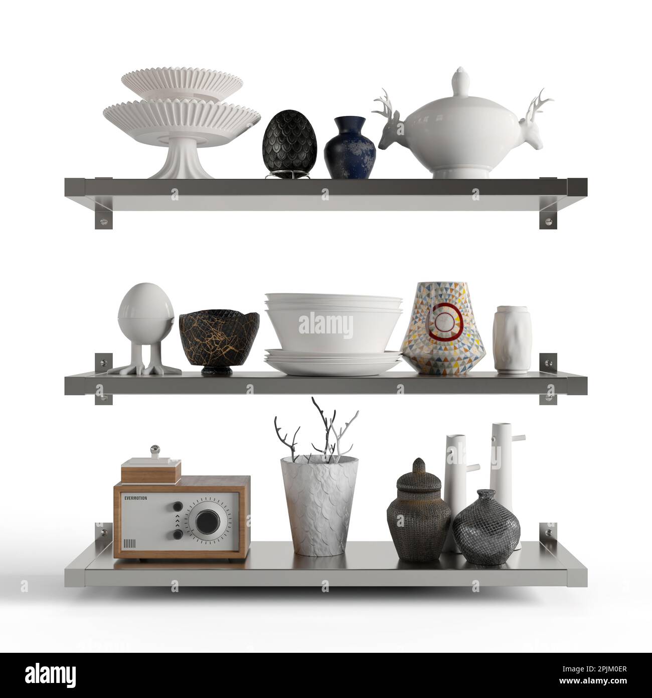 A 3d rendering of three wooden shelves filled with an array of dishes ...