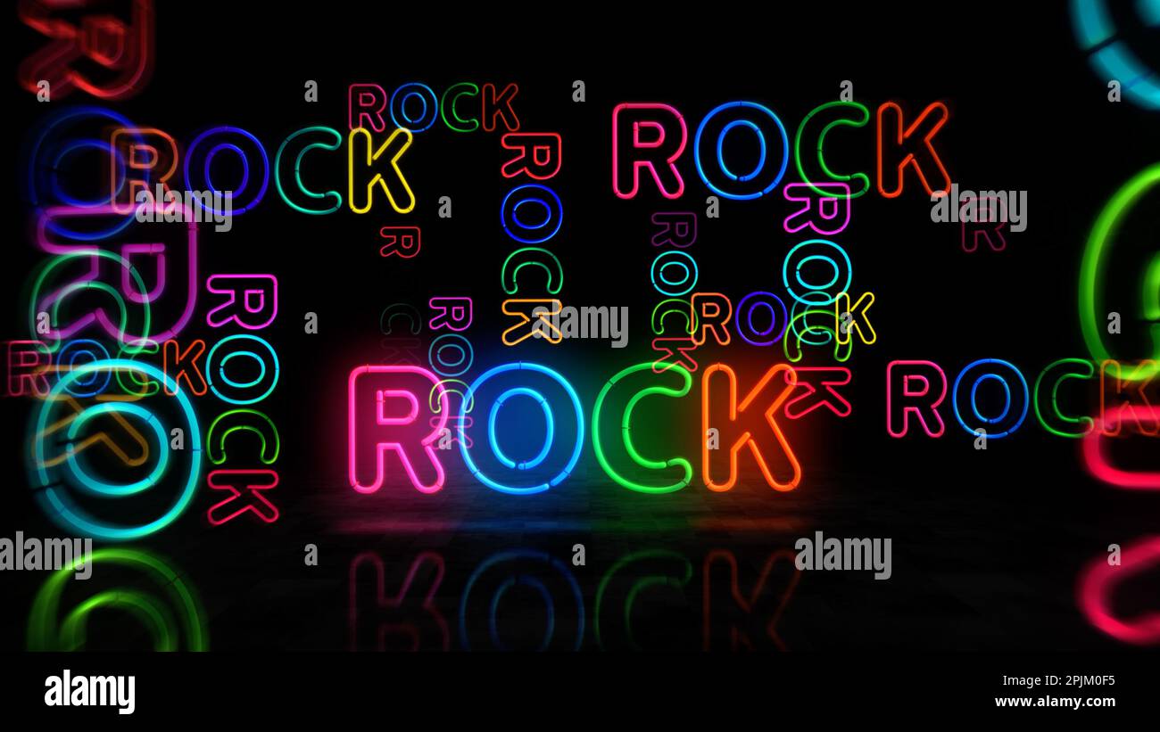 Rock neon symbol. Entertainment music event light color bulbs. Abstract ...
