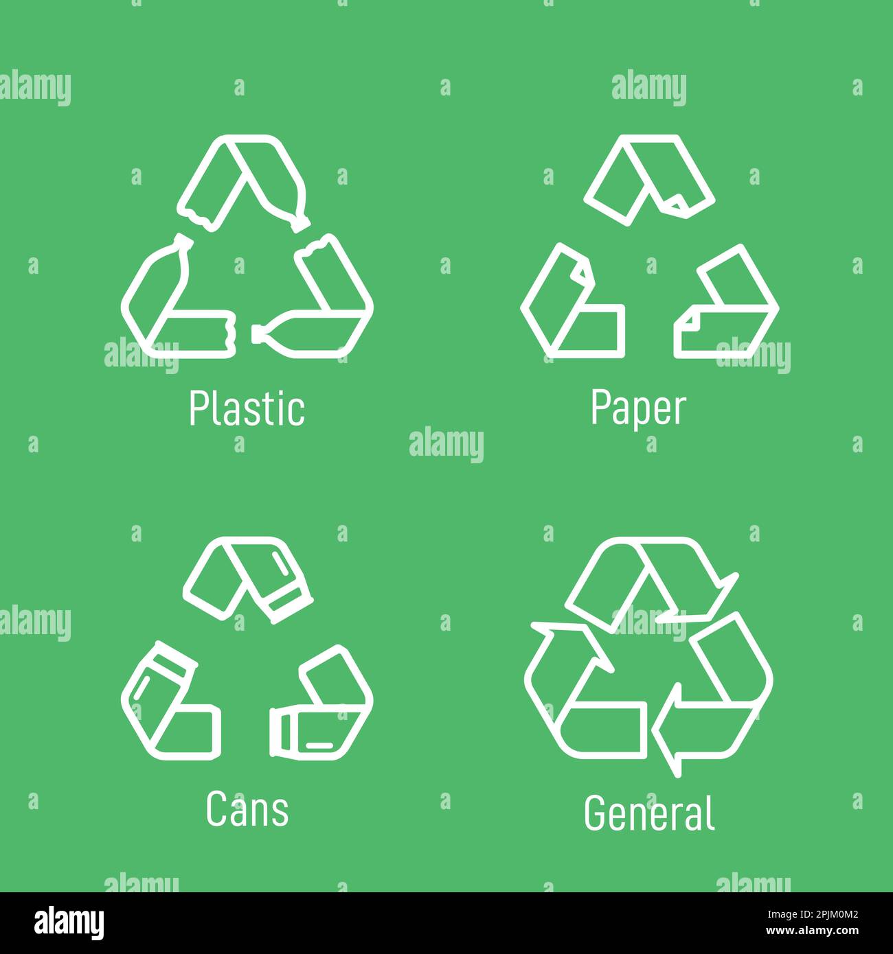Recycling signs with waste products materials labels or stickers. Recycle paper, plastic, metal ...
