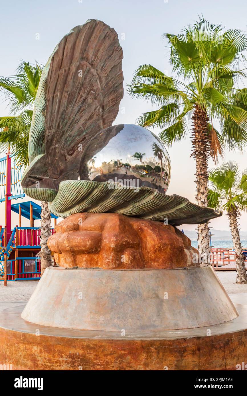 La Paz, Baja California Sur, Mexico. Sculpture of a large metal pearl ...