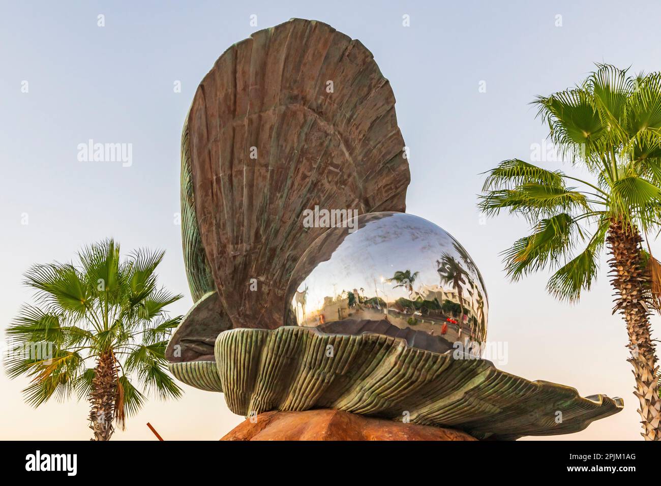 La Paz, Baja California Sur, Mexico. Sculpture of a large metal pearl ...