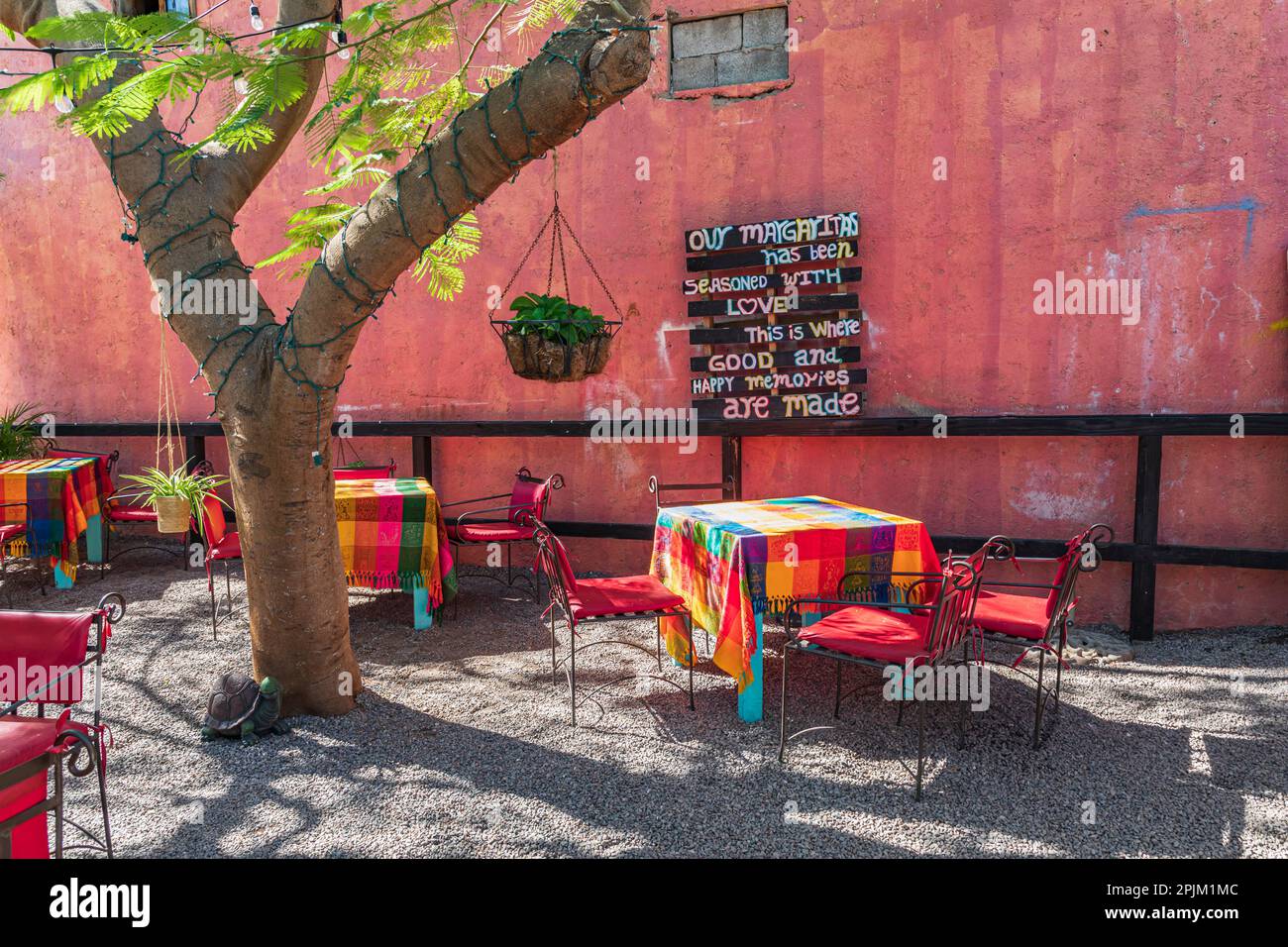 Loreto, Baja California Sur, Mexico. Courtyard outdoor seating at a ...