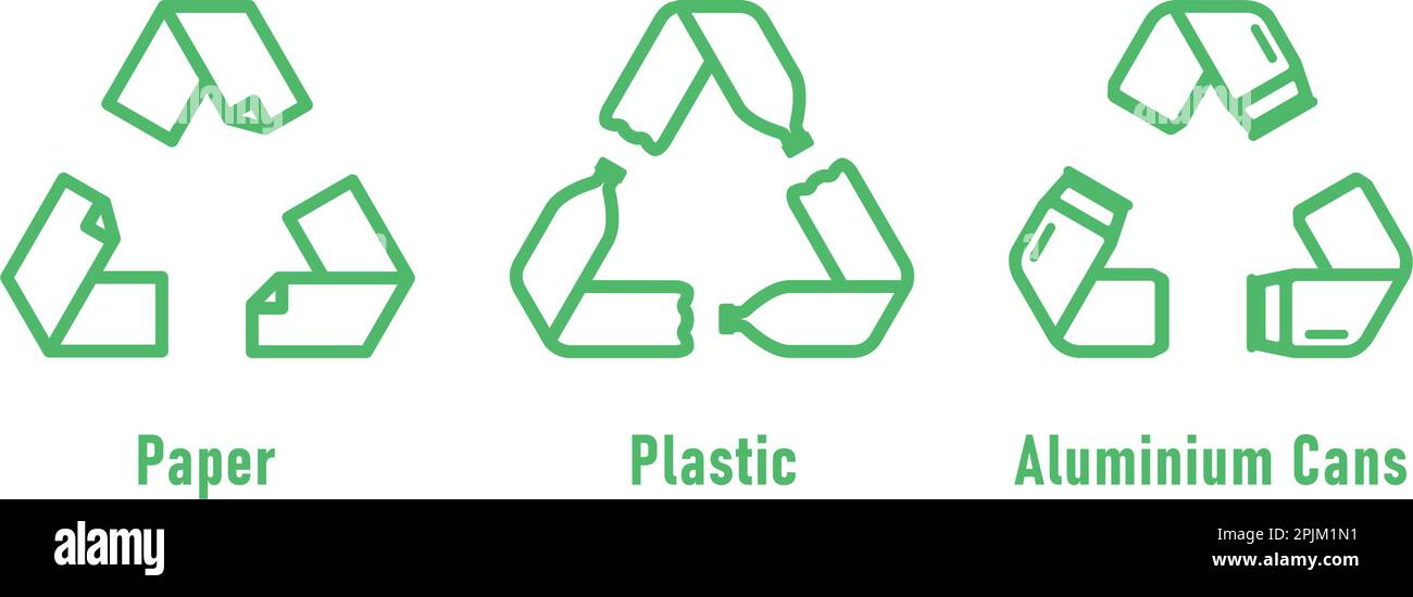 Paper, Pet bottles, aluminum cans form mobius loop or recycling symbol with arrows. Eco use ...