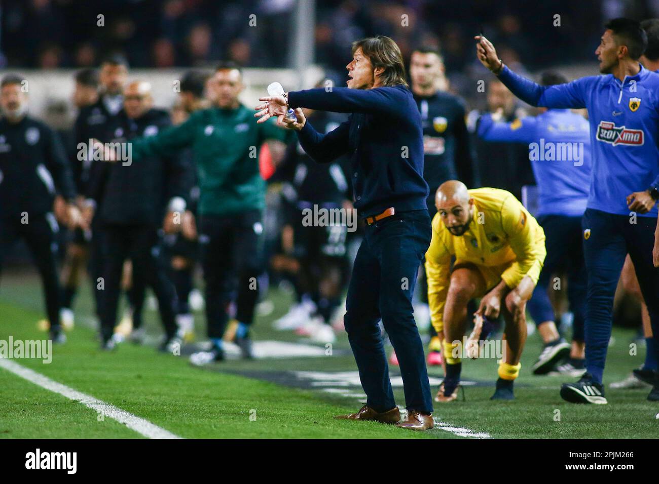 Thessaloniki, Greece. 2nd Apr, 2023. AEK's coach Matias Almeyda during ...