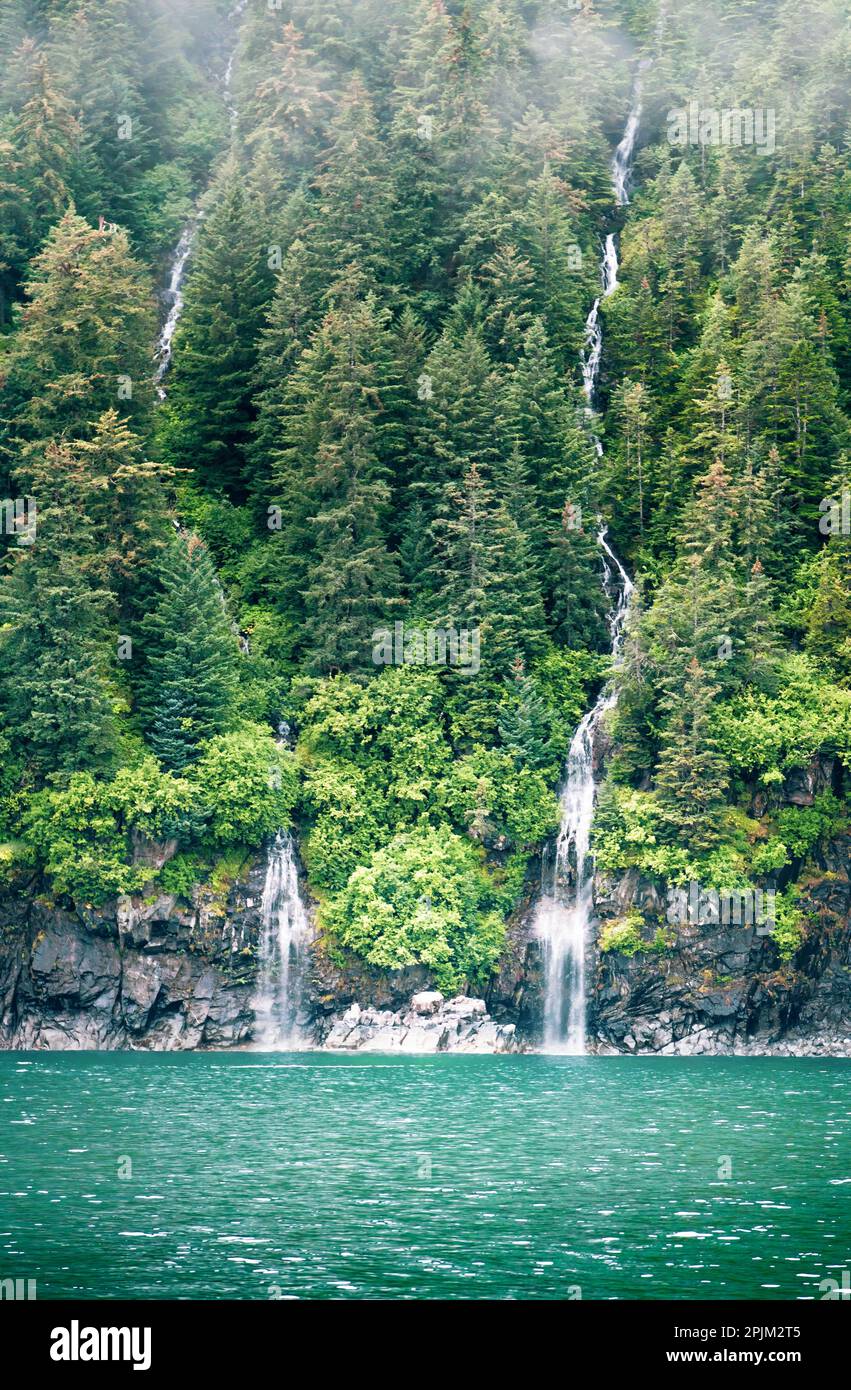 Kenai Peninsula, two waterfalls surrounded by pine trees Stock Photo ...