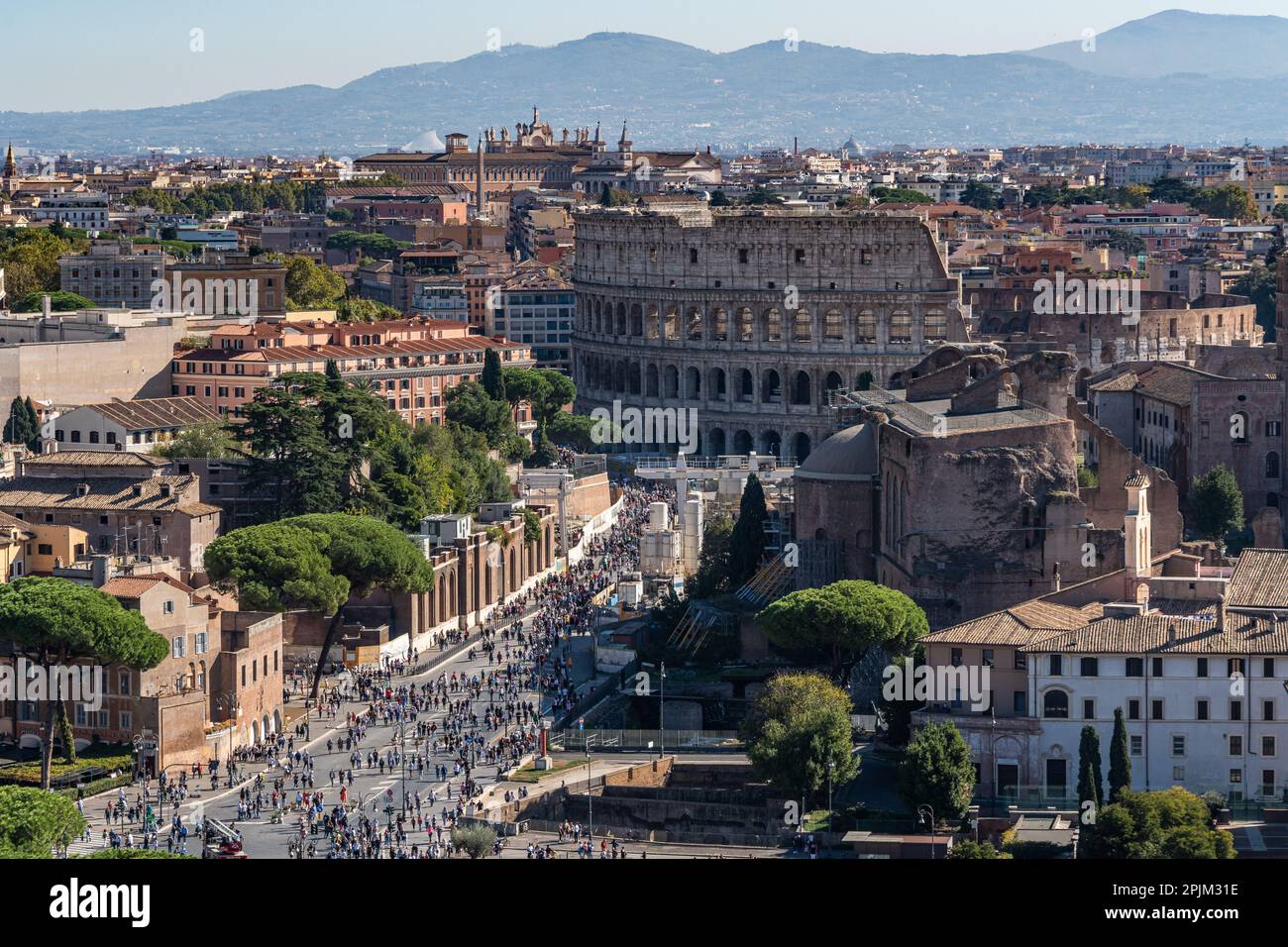 Panoramic view of Roman Forum and the Colosseum, Rome, Italy Stock ...