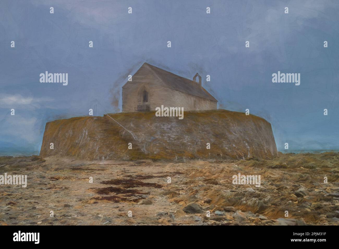 Digital painting of the 12th century St Cwyfan Church, on the small ...