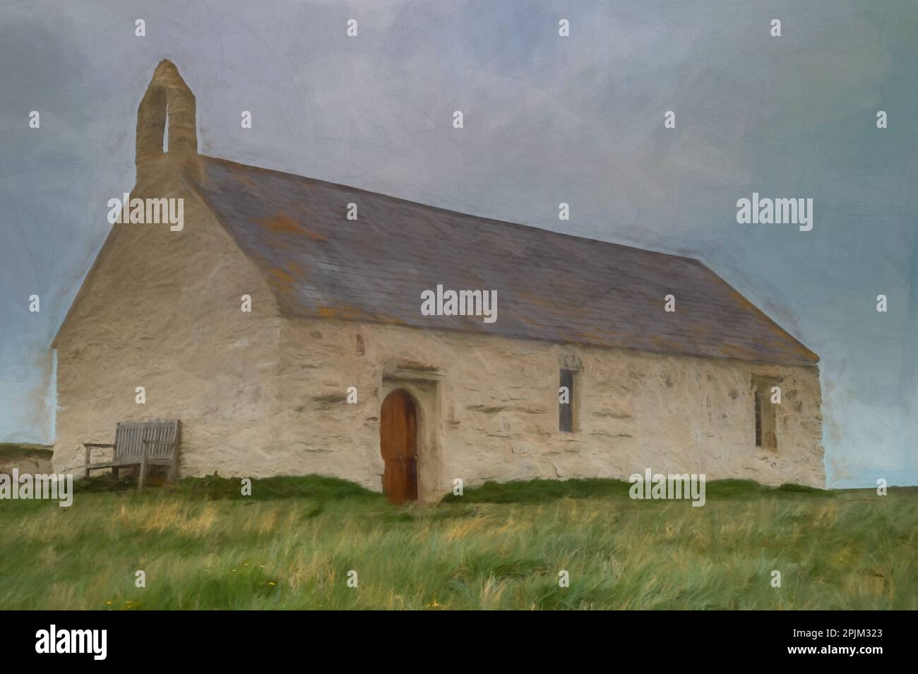 Digital painting of the 12th century St Cwyfan Church, on the small ...
