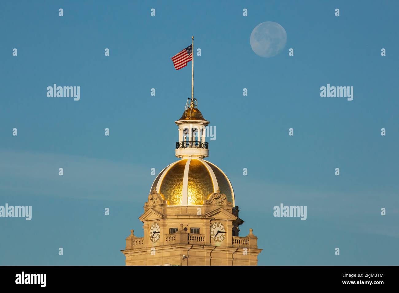 USA, Georgia, Savannah. Moon setting over gold dome at City Hall Stock ...