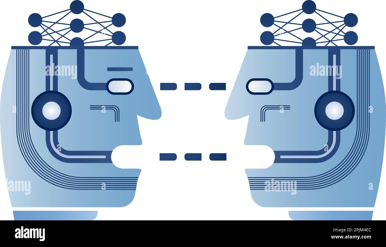 Two robotic heads with artificial neural networks inside looking to each other and getting ...