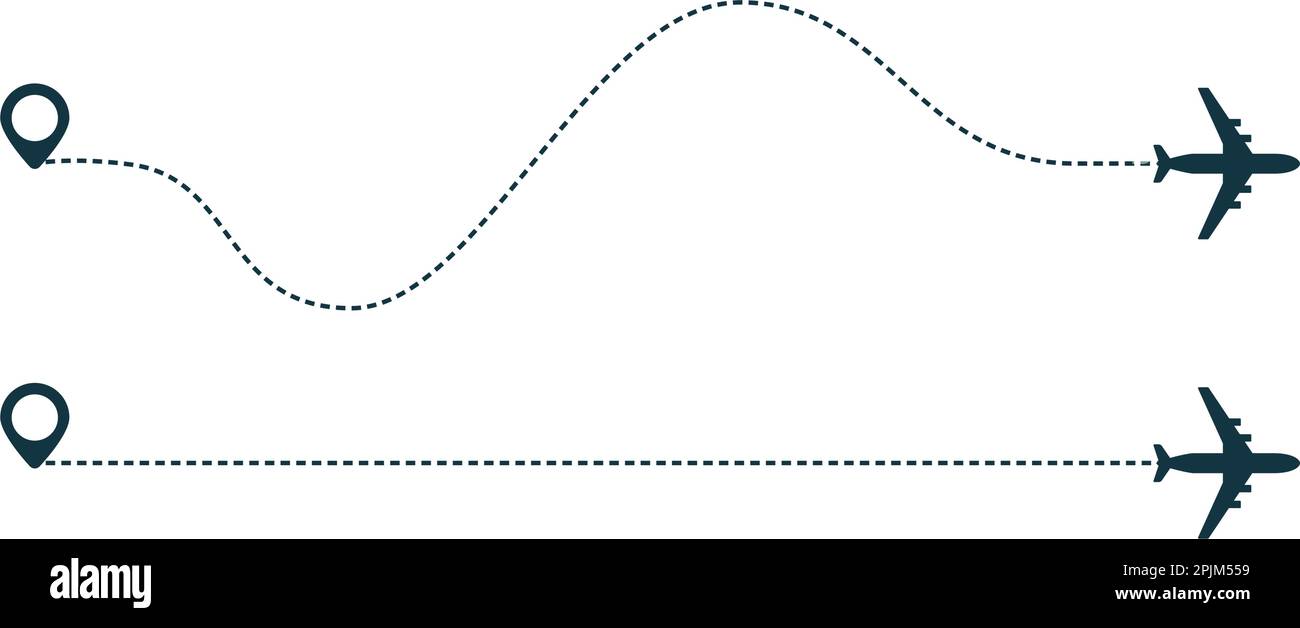 Airplane silhouette icon with dotted line path. Plane flight with ...