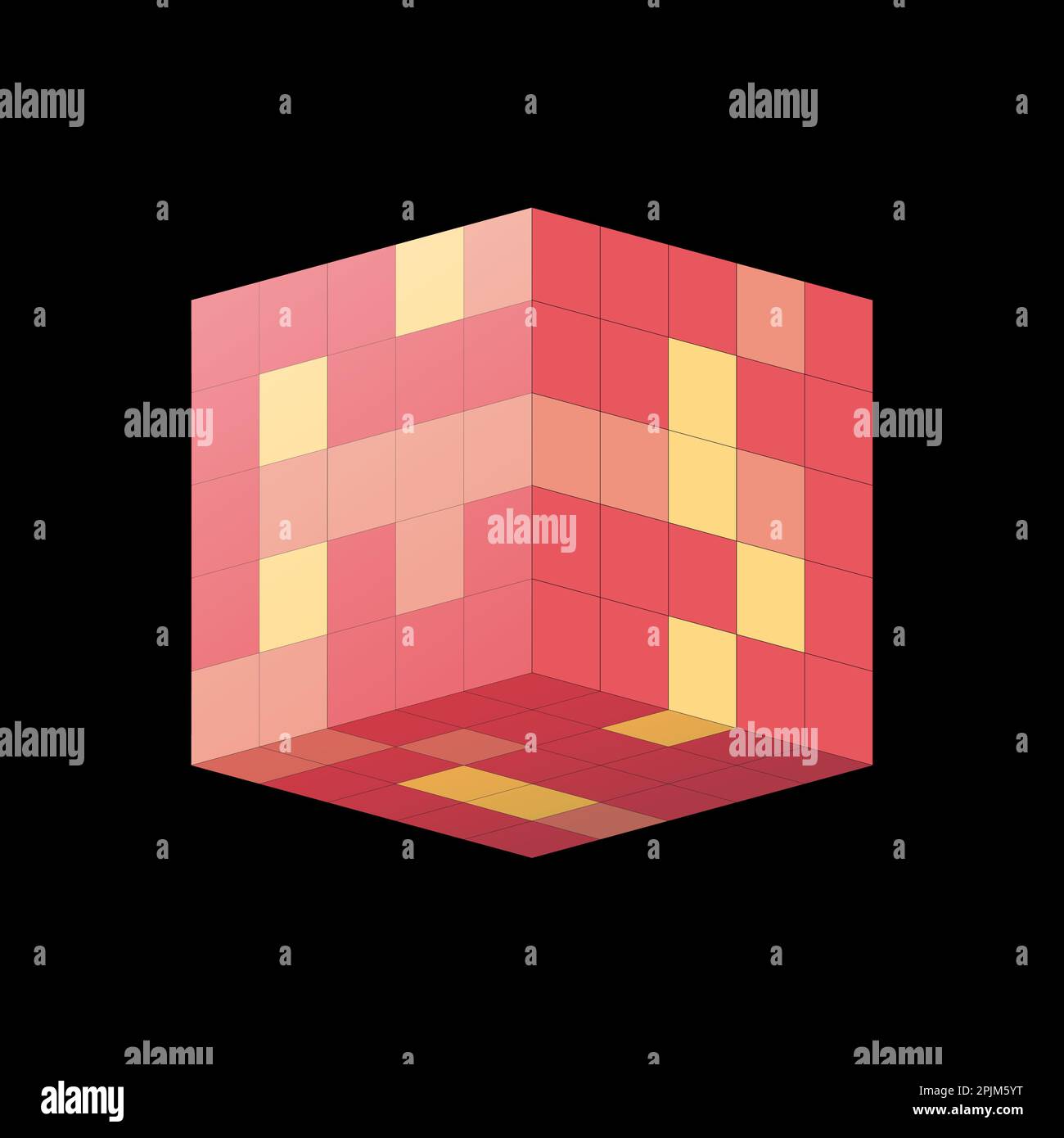 Cube isometric with red and yellow squares. Geometric design pattern ...