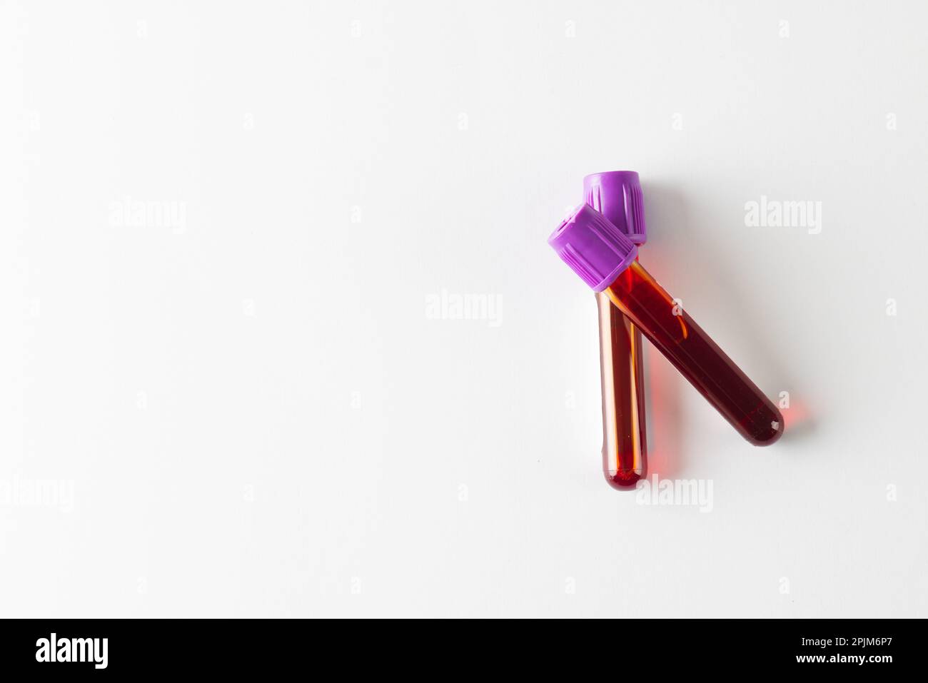 Two blood sample tubes with purple lids, on white background with copy ...