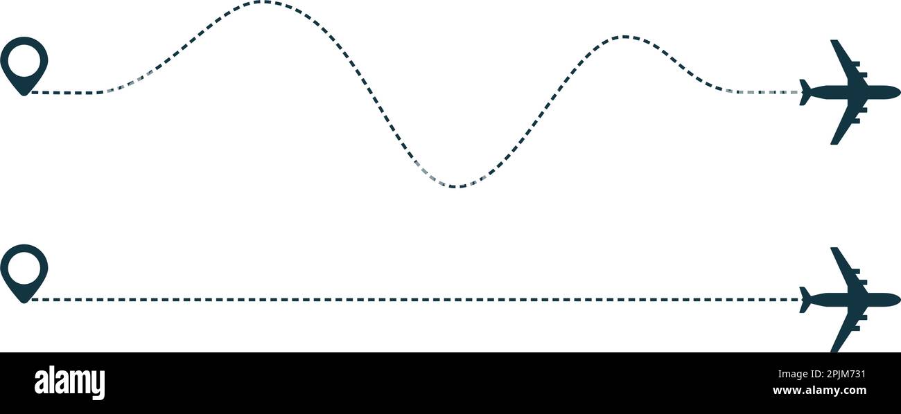 Airplane silhouette icon with dotted line path. Plane flight with ...