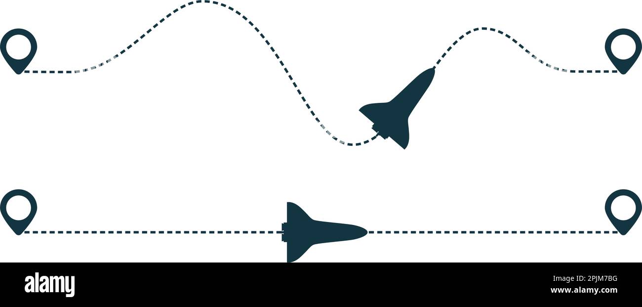 Space shuttle silhouette icon with dotted line path. Spaceship flight ...