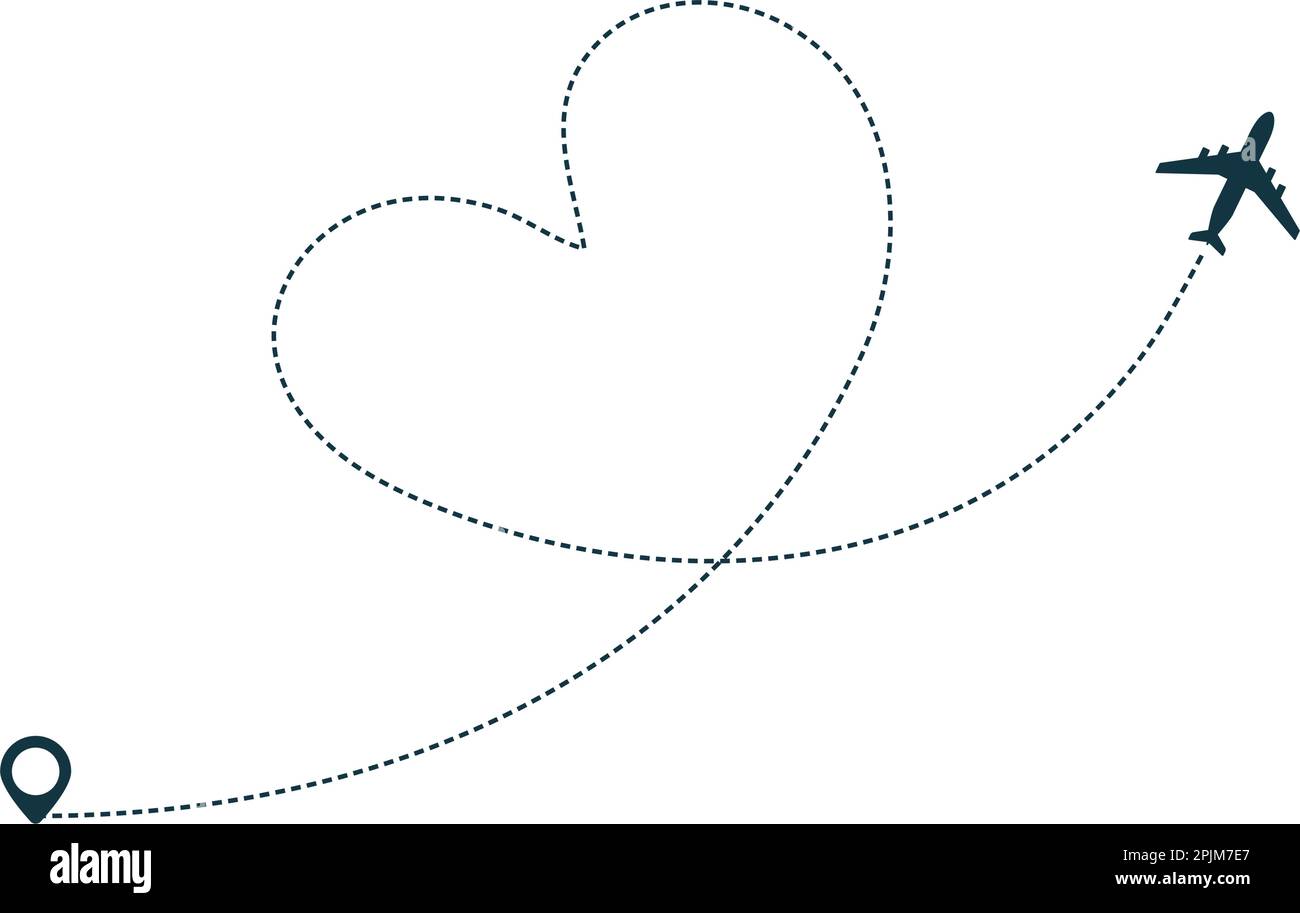 Airplane silhouette icon with dotted line path as heart. Plane flight ...