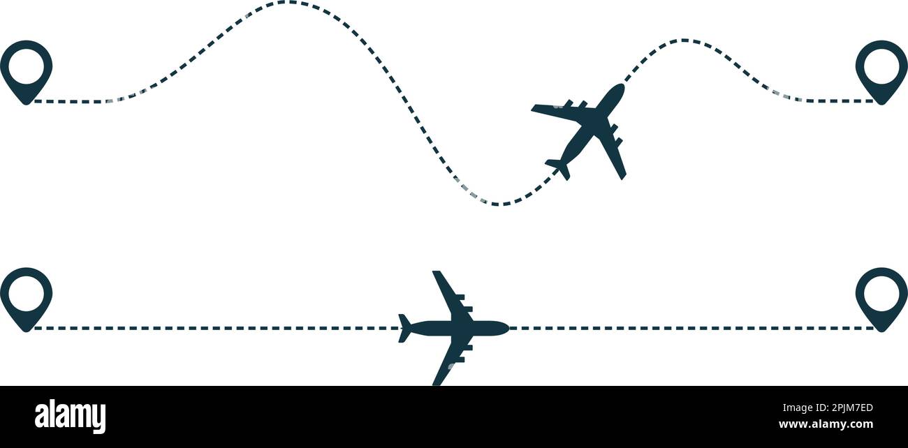 Airplane silhouette icon with dotted line path. Plane flight with ...