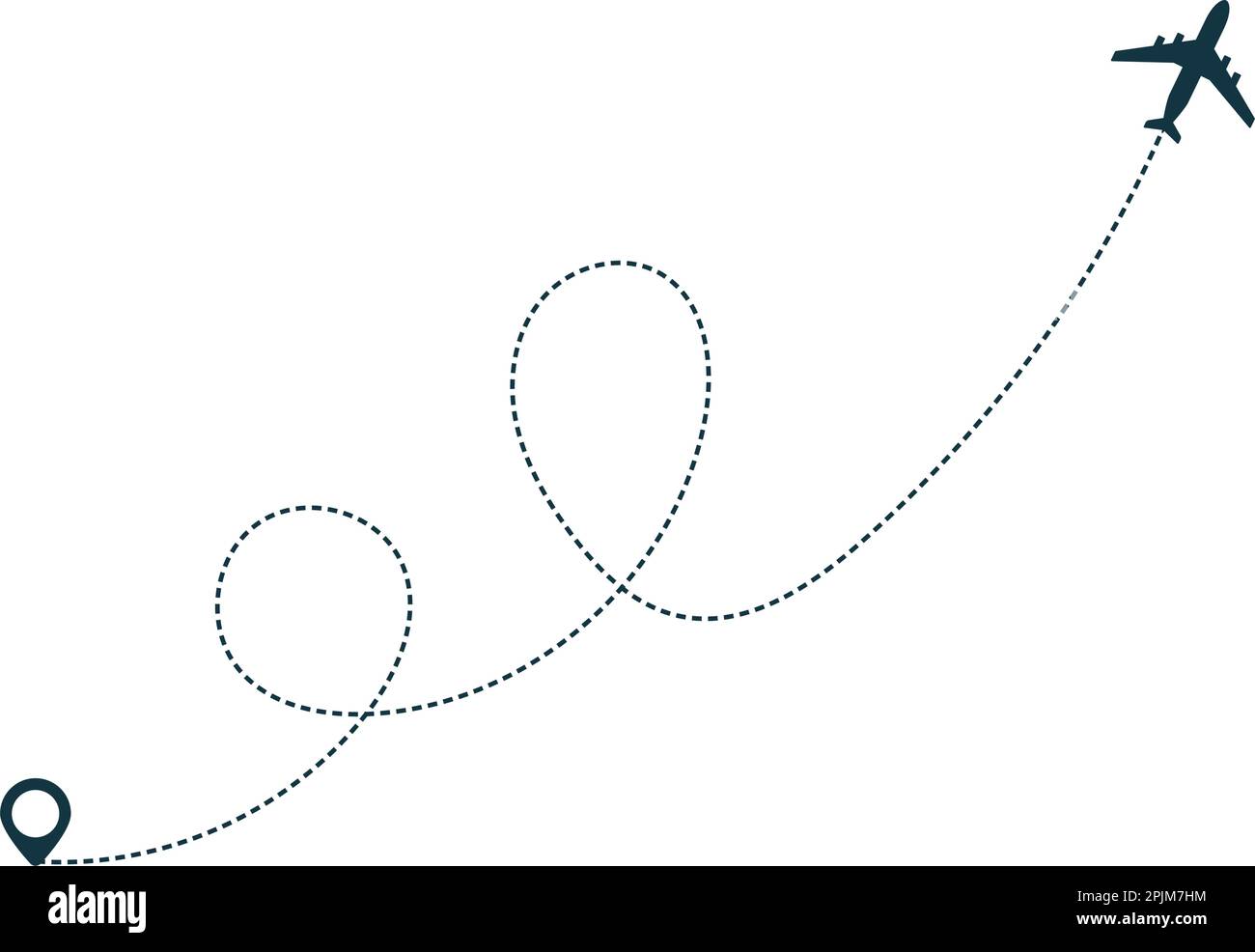 Airplane silhouette icon with dotted line path. Plane flight with ...