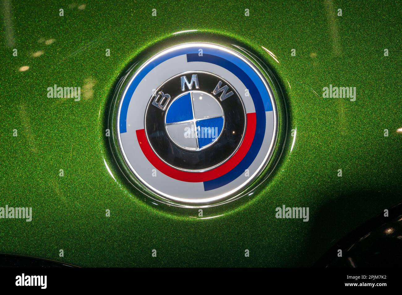 Munich, Germany. 03rd Apr, 2023. The BMW logo is attached to the hood ...