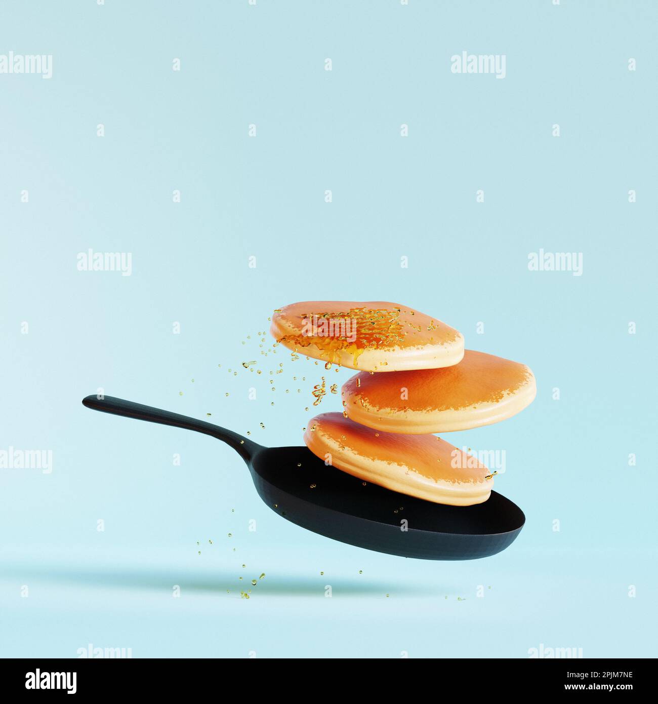 Realistic food. Flying pancakes with honey on pan. 3D render Stock ...
