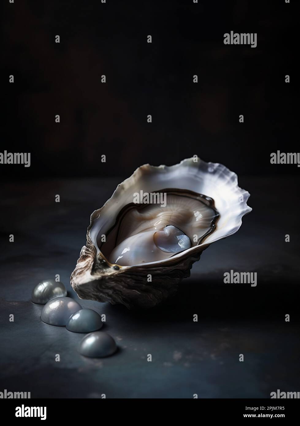 An image of an opened oyster shell with white pearls and a bottle of ...