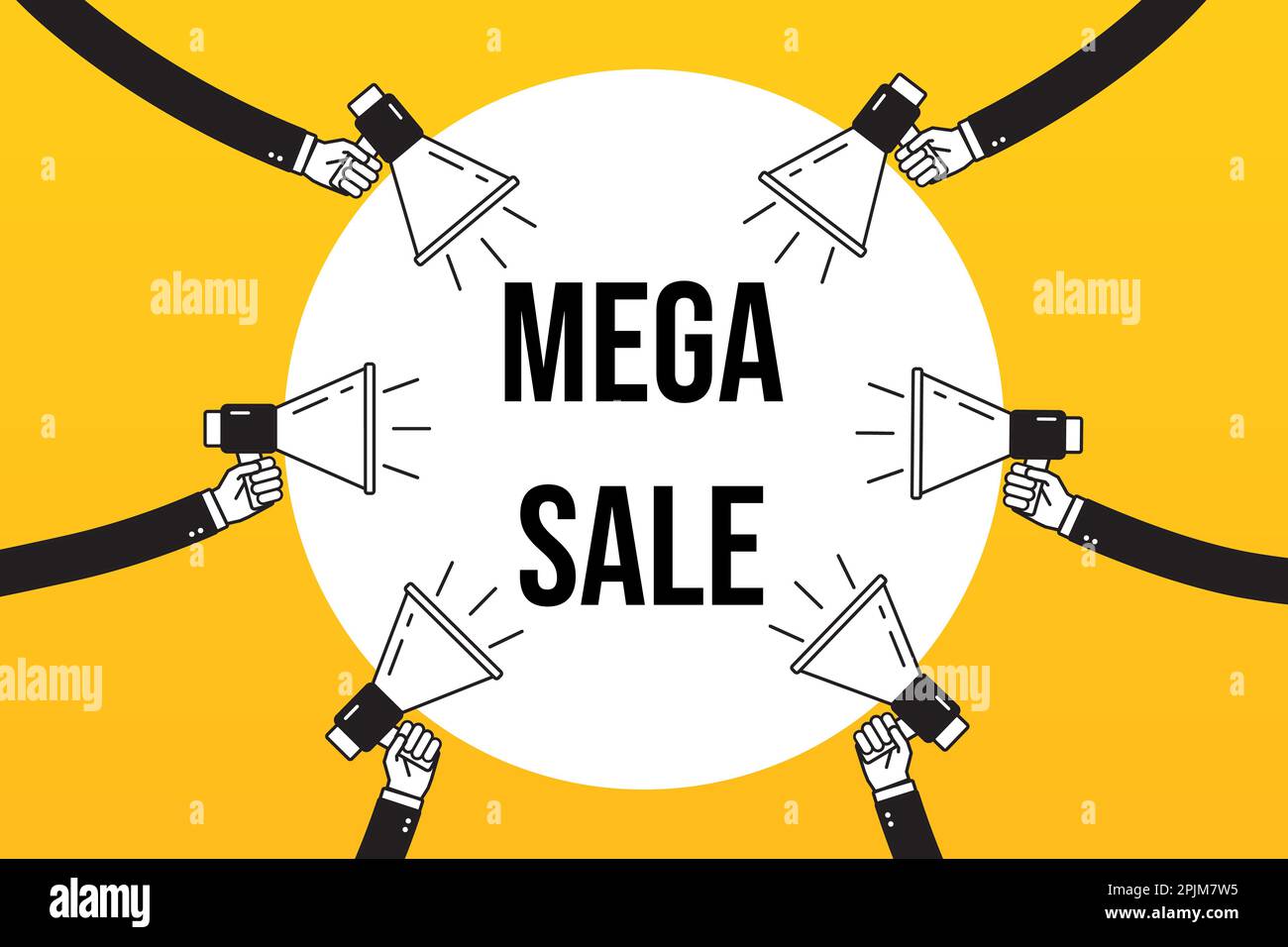 Mega sale in the circle with hands around holding megaphones. Sale ...