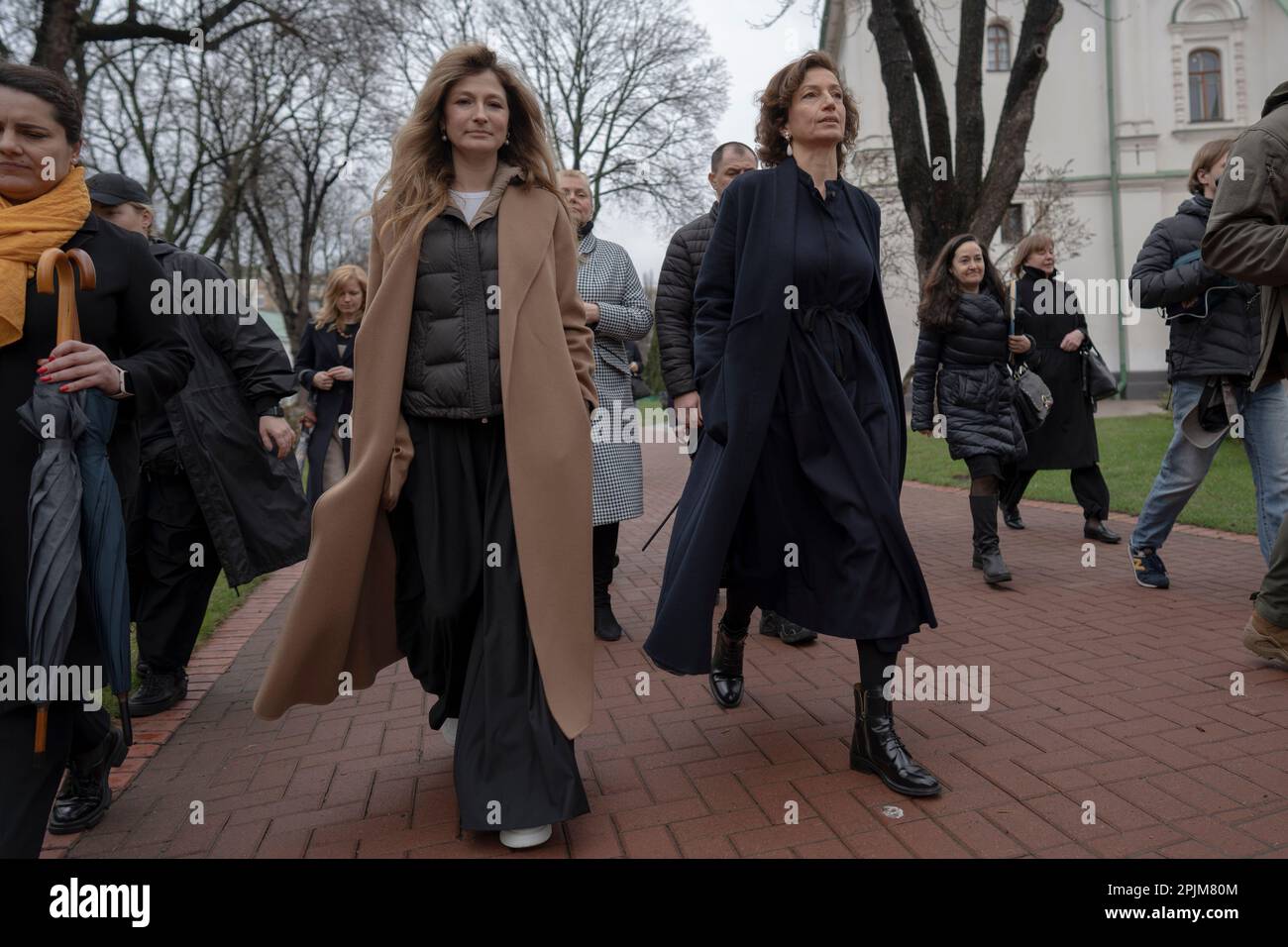 Director-General of UNESCO Audrey Azoulay, center right, and Ukrainian Deputy Foreign Minister ...