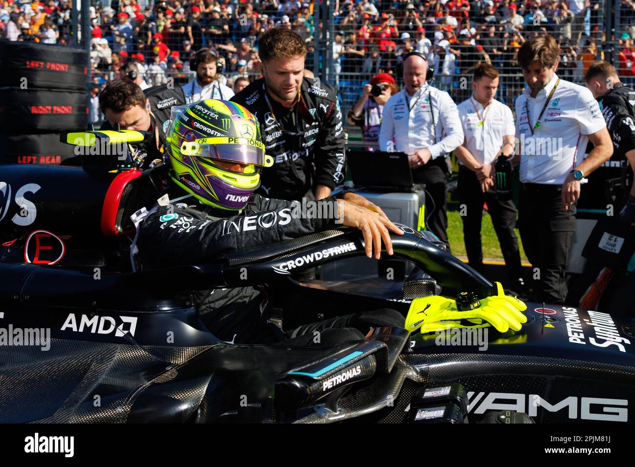 Albert Park, 2 April 2023 Lewis Hamilton (GBR) of team Mercedes climbs ...