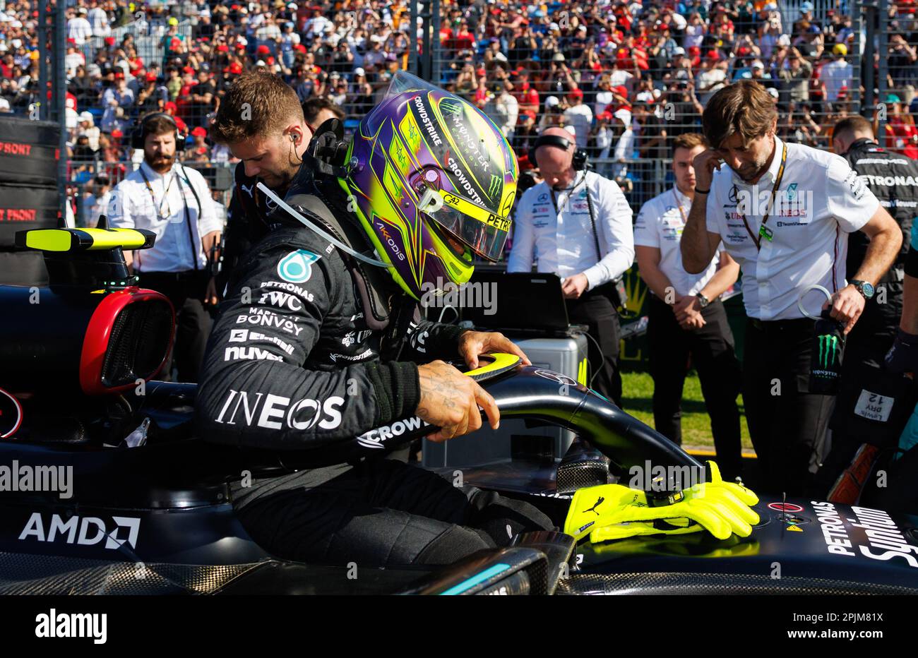 Albert Park, 2 April 2023 Lewis Hamilton (GBR) of team Mercedes climbs ...