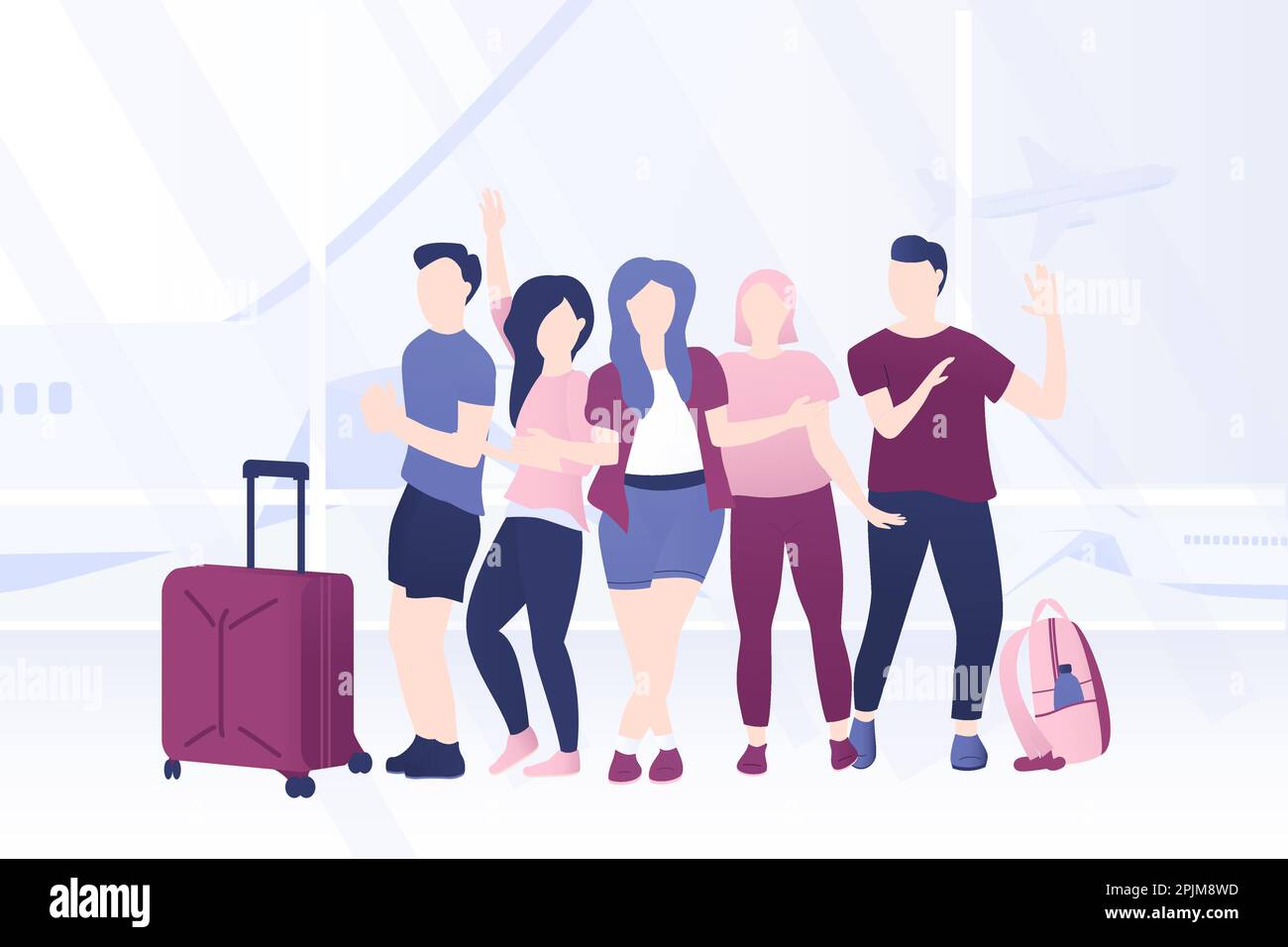 Group of friends standing in the airport terminal. Young happy tourists ...