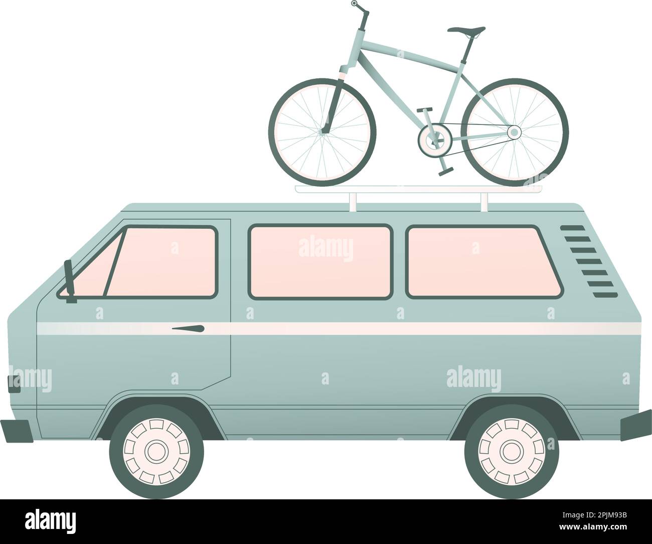 Travel minivan and bicycle on the trunk. Retro minivan on isolated ...