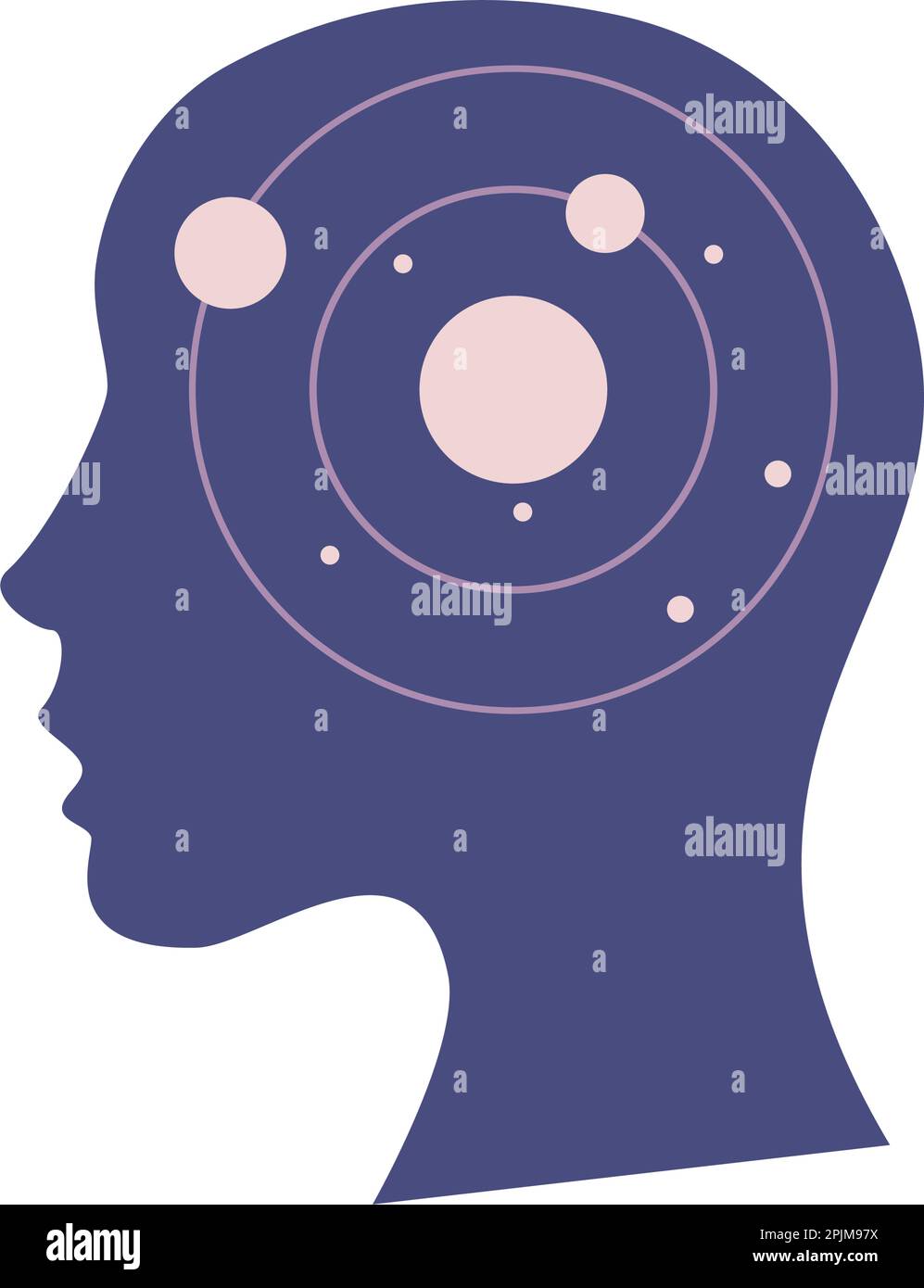Female head silhouette with sun or star and planets inside. Human brain ...