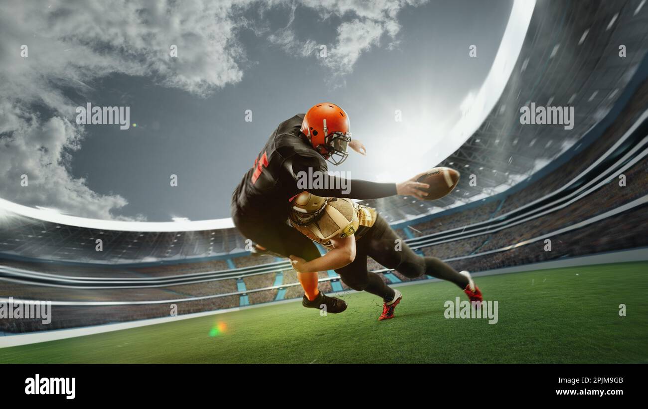 Dynamic image of two men, professional american football players in ...