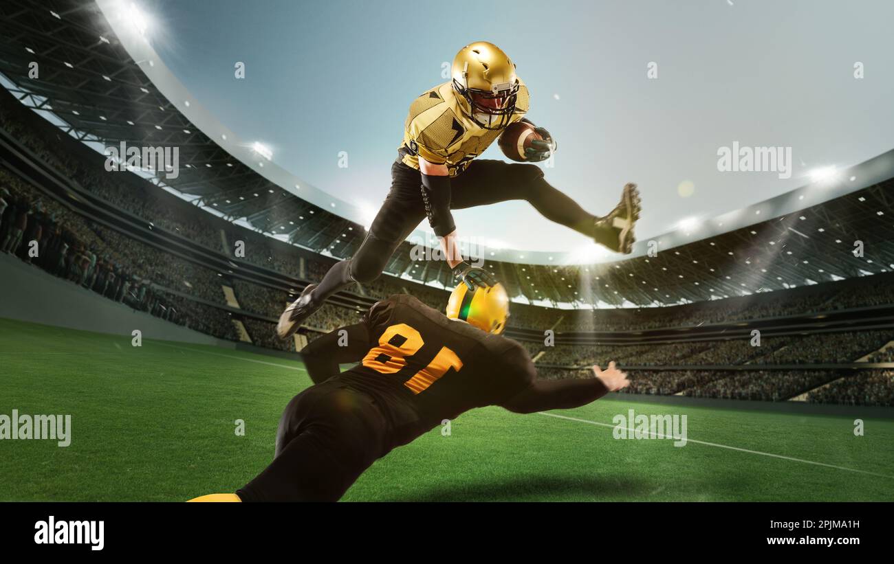 Professional american football, soccer players in uniform during match ...
