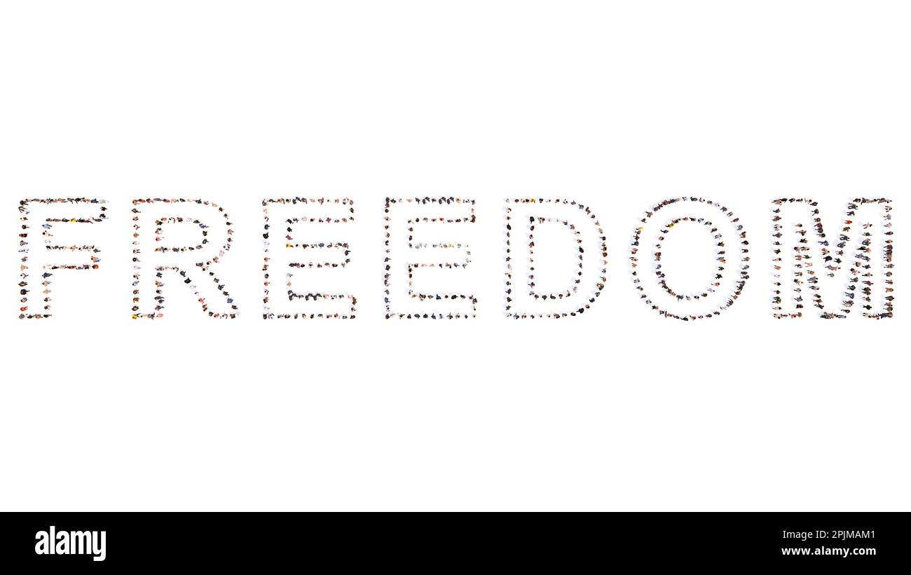 Concept conceptual large community of people forming FREEDOM word. 3d ...