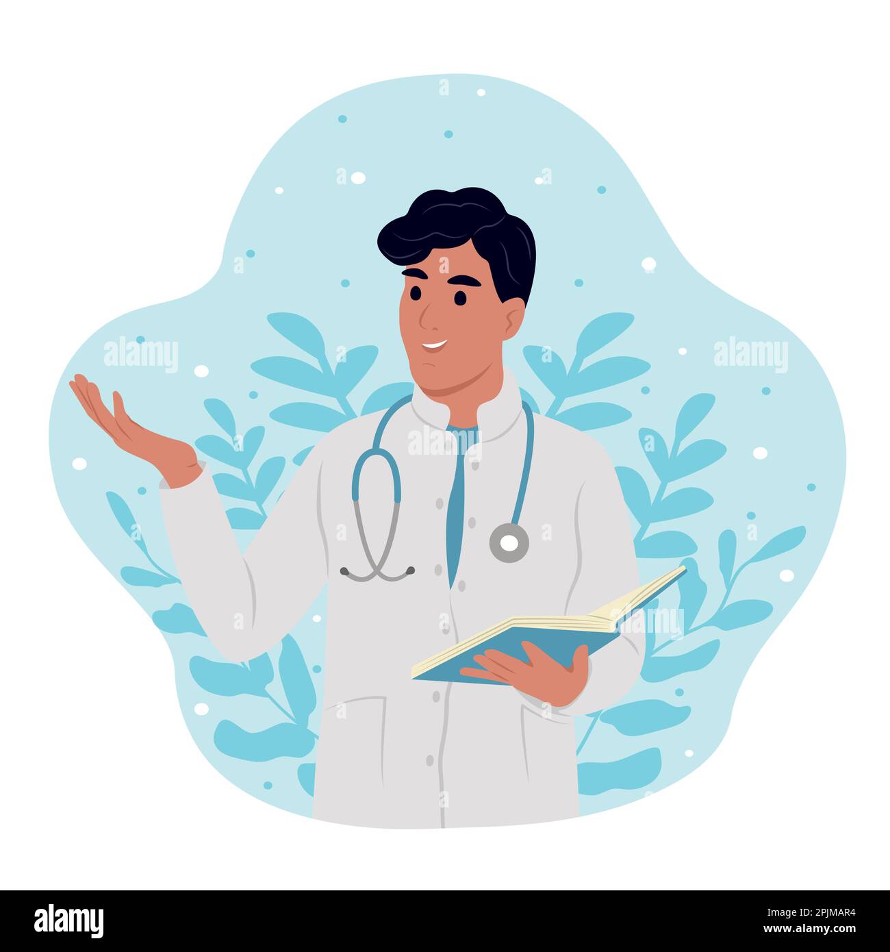 Happy male doctor in white coat and stethoscope in hands with notebook ...