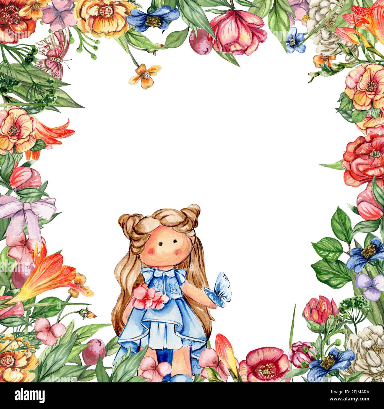 Watercolor square flower frame in cartoon style with a cute girl doll ...