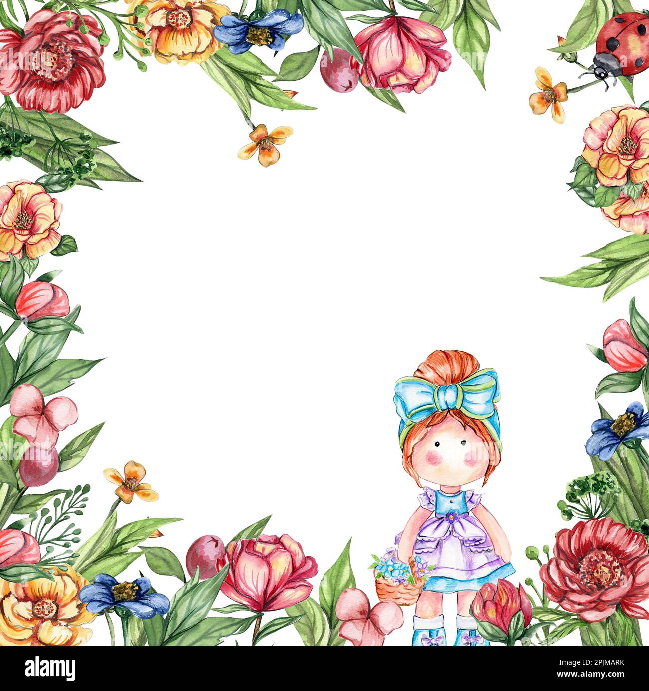 Watercolor square flower frame in cartoon style with a cute girl doll ...