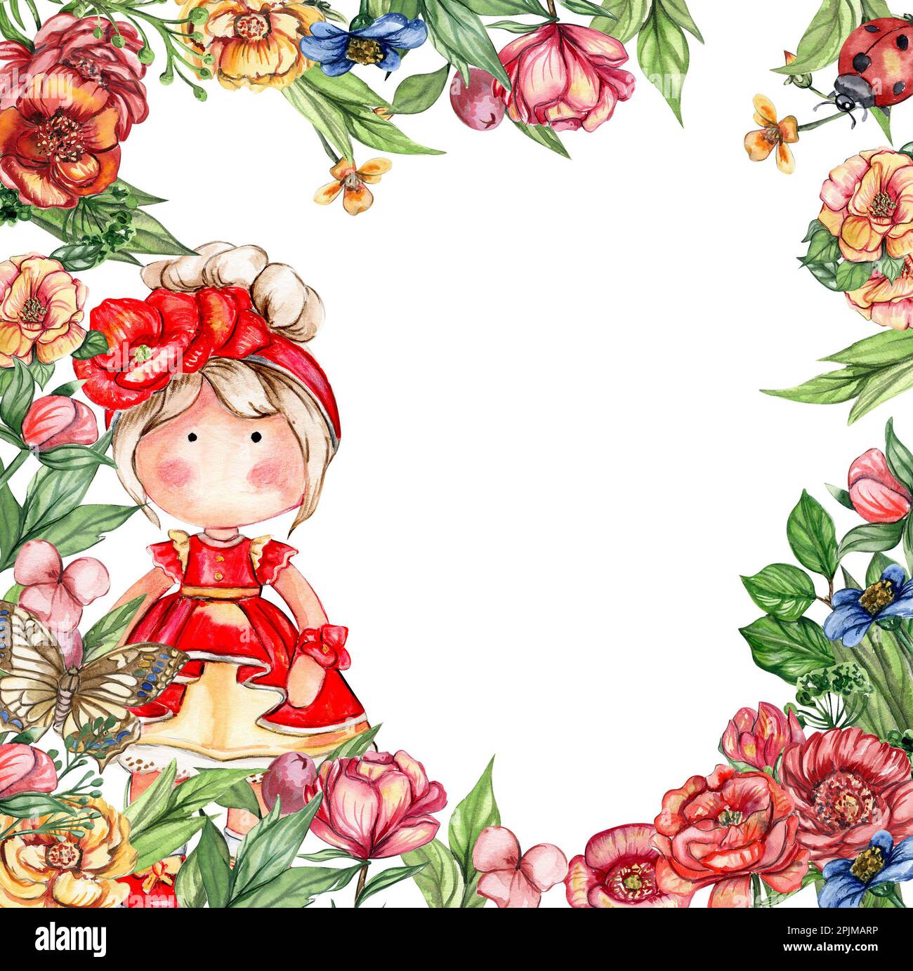 Watercolor square flower frame in cartoon style with a cute girl doll ...