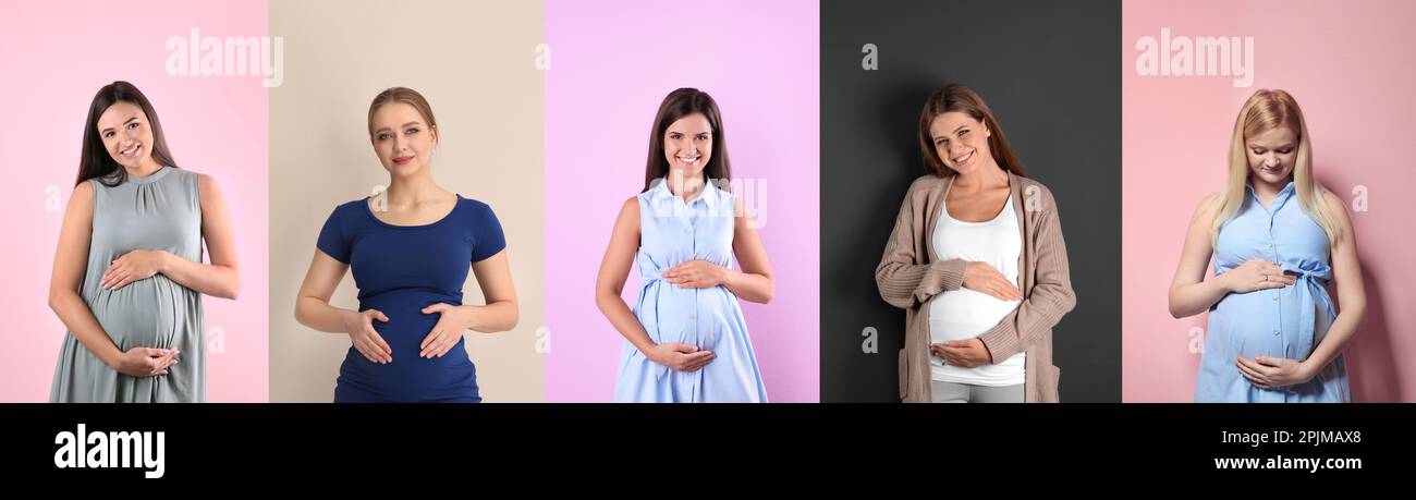 Collage with photos of beautiful pregnant women on different color ...