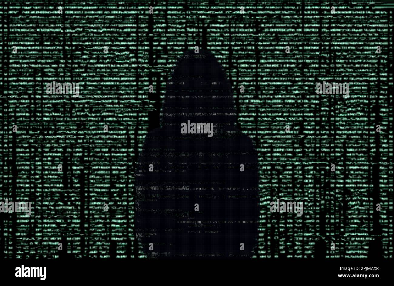 Silhouette Of Anonymous Hacker And Digital Binary Code On Dark Background Cyber Attack Concept